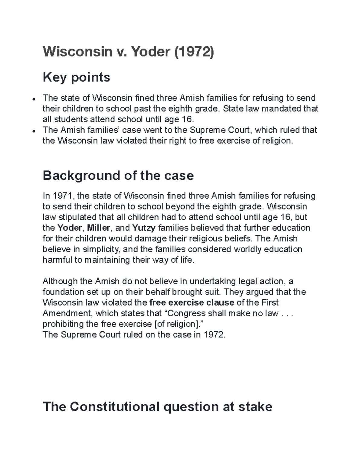 Wisconsin v Yoder - court cases homework ext. - Wisconsin v. Yoder ...