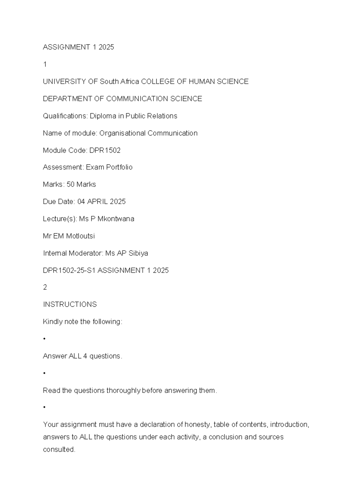 Assignment 1 2025 - FINANCIAL SCRIPTS - ASSIGNMENT 1 2025 1 UNIVERSITY ...