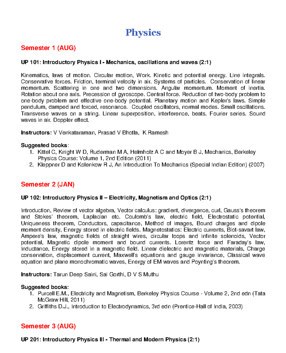 Physics Course Overview: UP 101 to UP 213 - Semester Details and Topics - Studocu