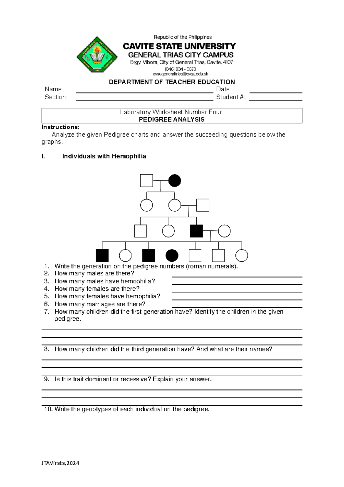 4. Pedigree Analysis Lab Worksheet (JTAVirata, 2024) - Studocu