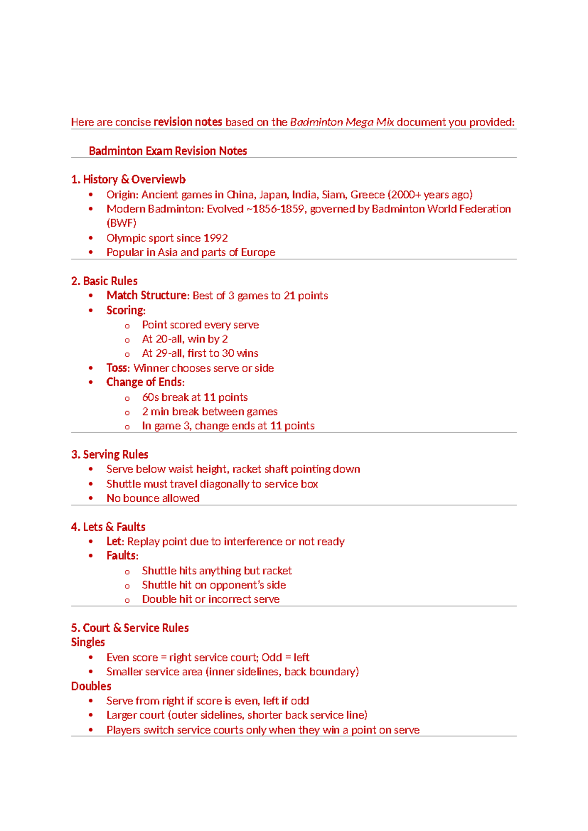 Badminton Exam Revision Notes (Course Code: Doc44) - Studocu