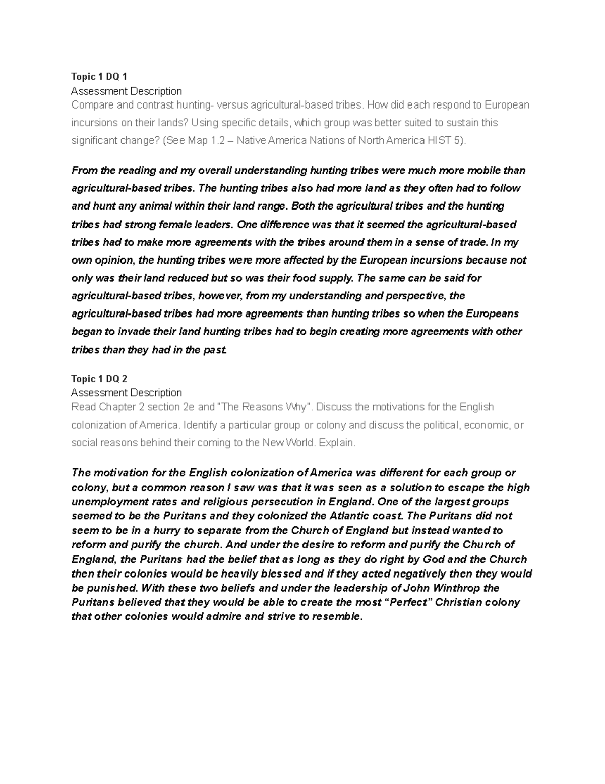 HIS 144 Final Exam: Tribes & English Colonization DQs Analysis - Studocu