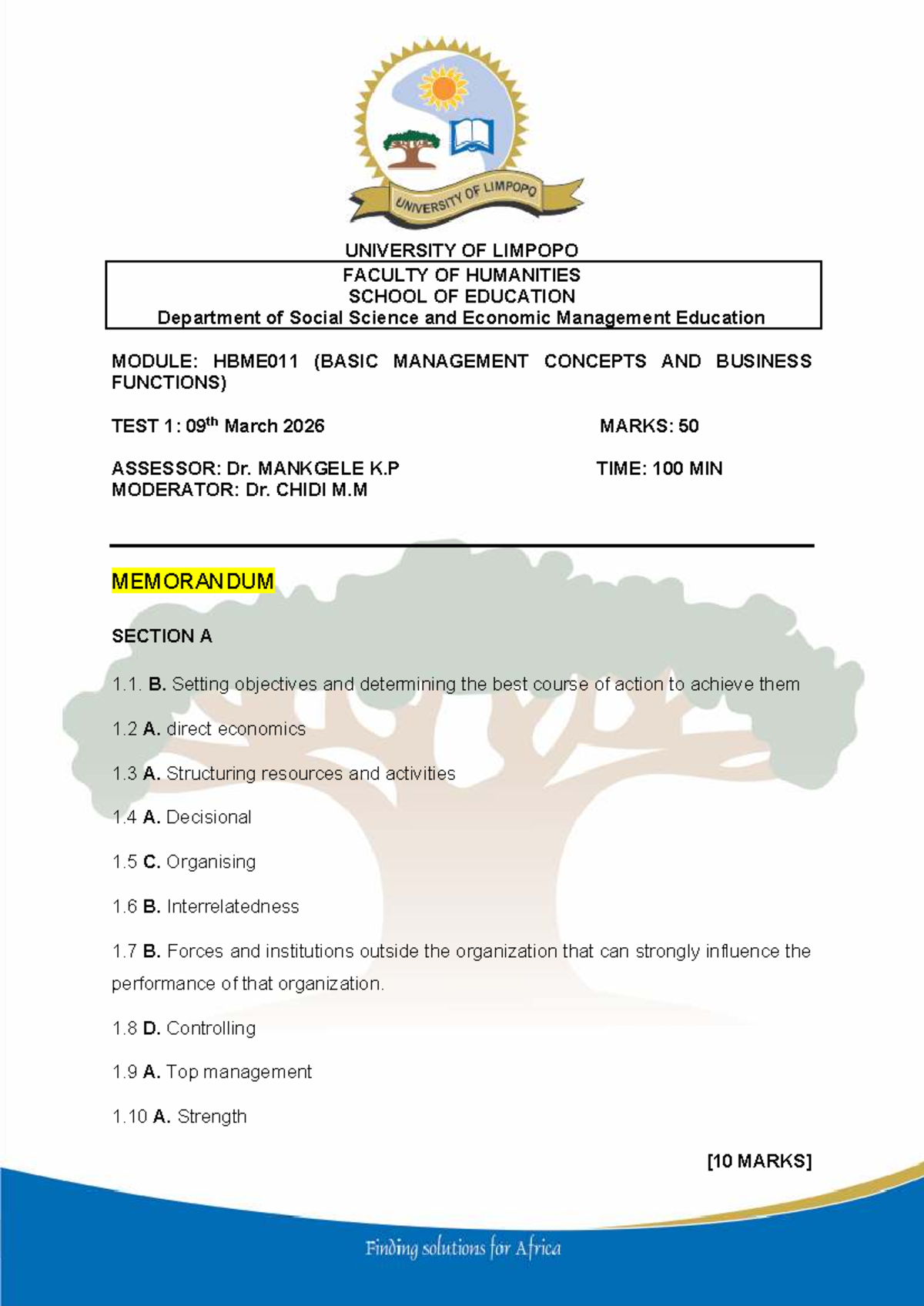 HBME011 Test 1 Memorandum: Basic Management Concepts 2026 - Studocu