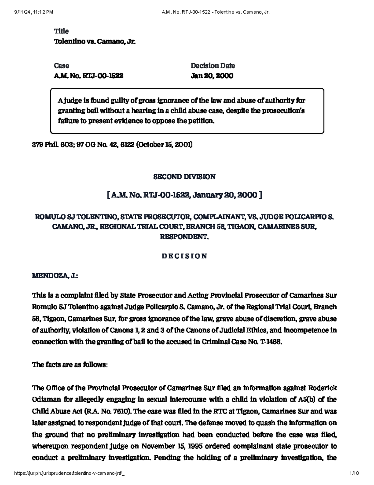 FULL TEXT Tolentino vs. Camano, Jr. - Title Tolentino vs. Camano, Jr ...