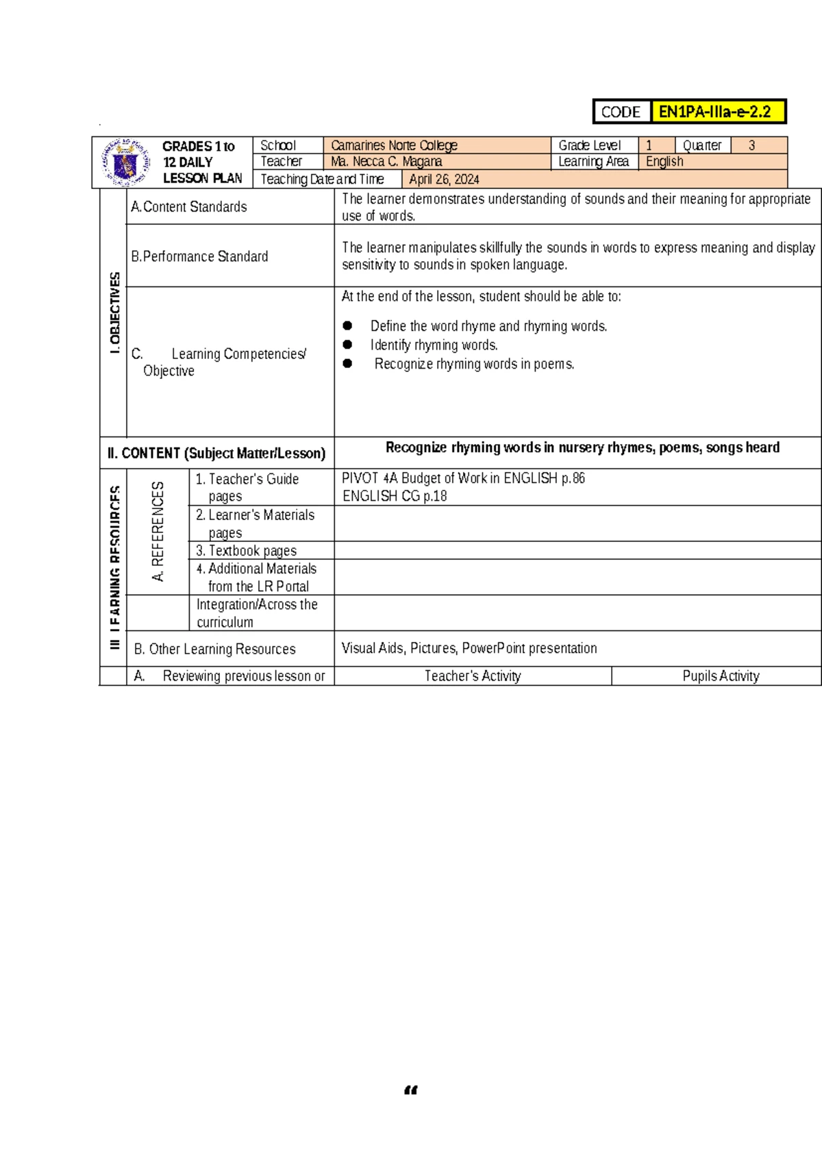 Nouns and Naming Words - English 1 Lesson Plan Overview - Studocu