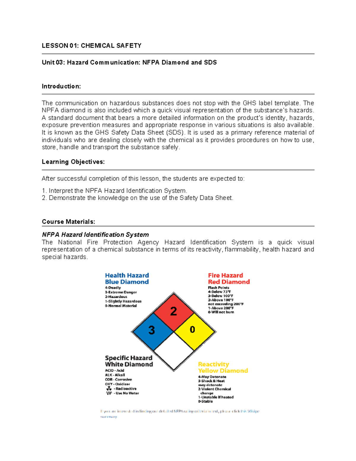 Unit 3 - Chemical Safety: NFPA Diamond and SDS Overview - Studocu