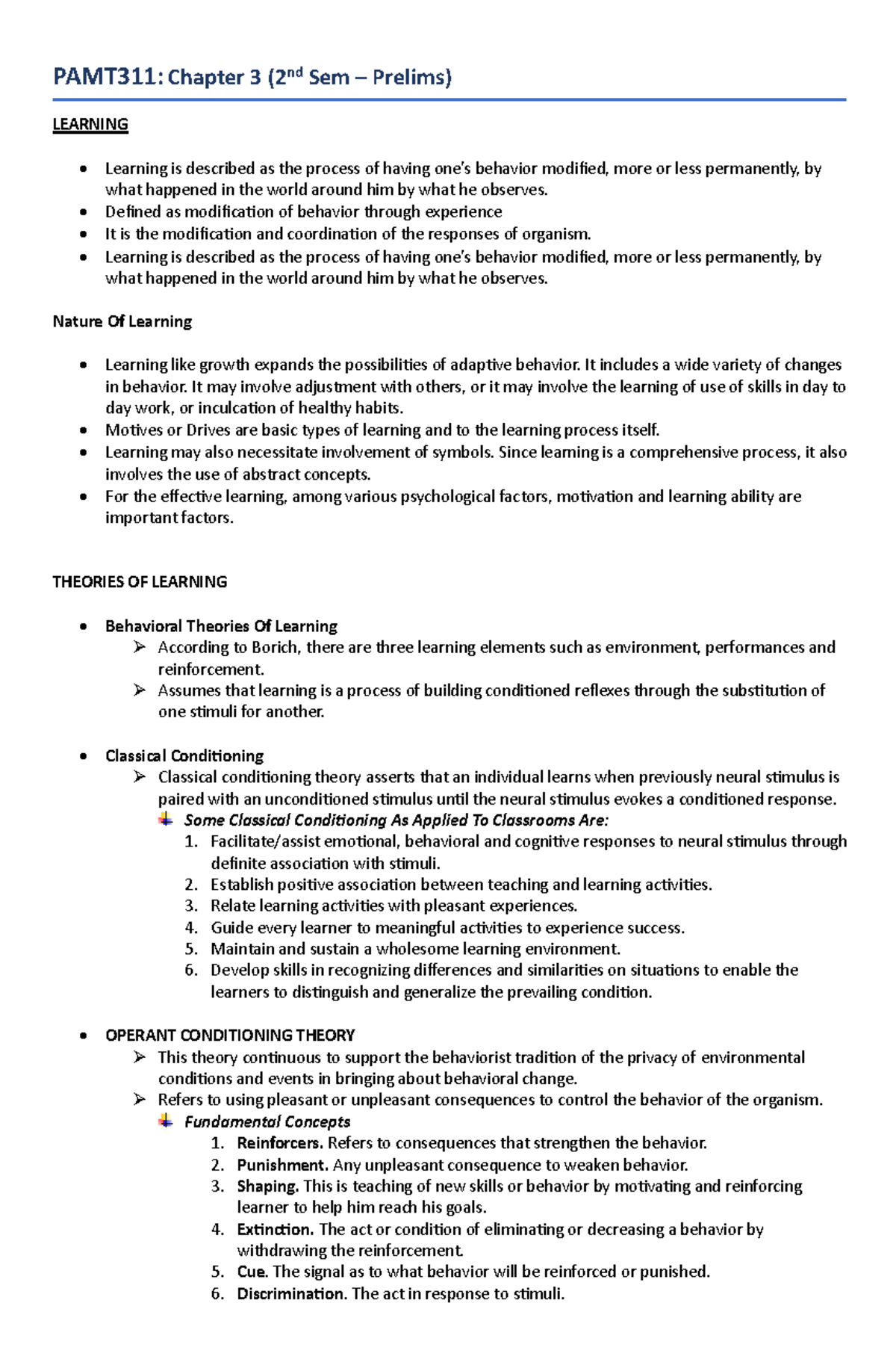 PAMT311: Chapter 3 - Theories and Principles of Learning - Studocu