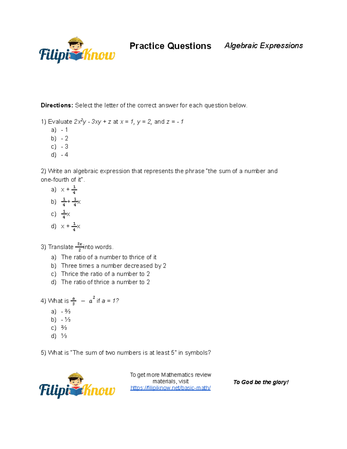 Algebraic Expressions Practice Questions - Math Exam Review (MATH101 ...