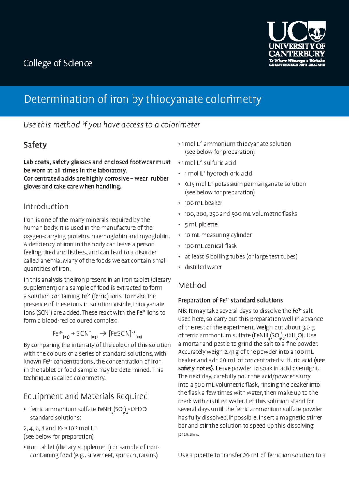 Iron Thiocyanate Colorimetric Method for Analyzing Dietary Iron Content ...