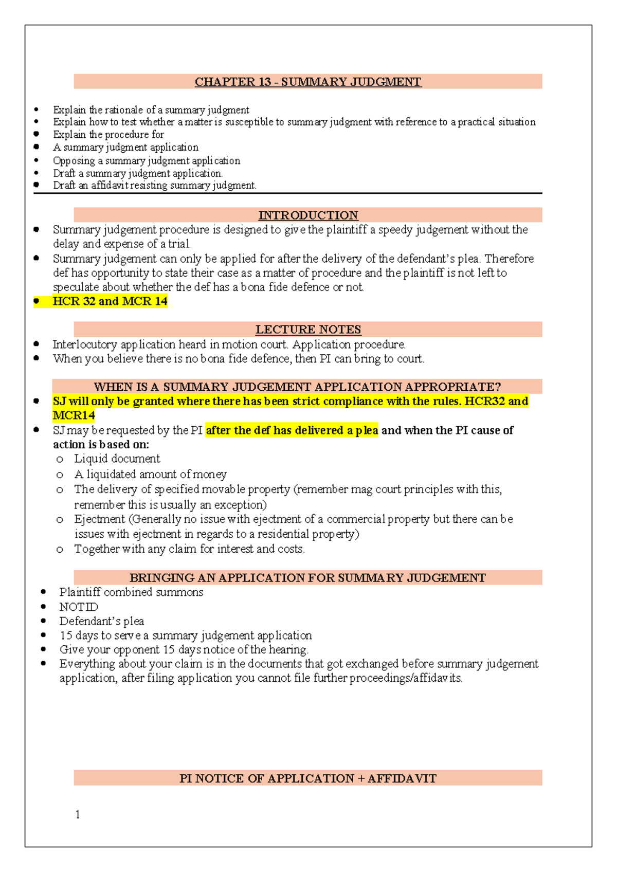 CHAPTER 13 SUMMARY JUDGMENT: Key Concepts and Application Procedures ...