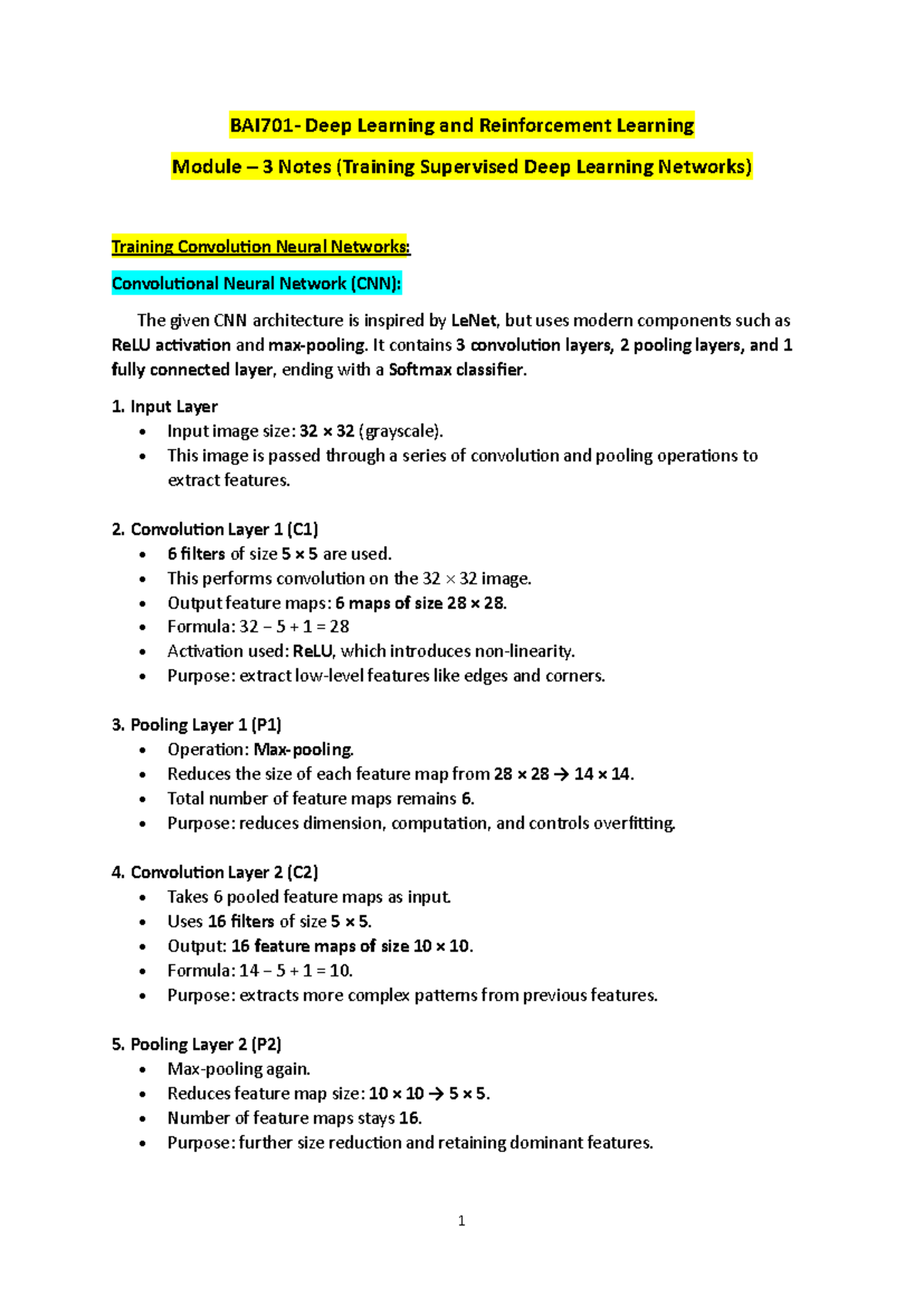 DL - Module 3 Notes: Training Supervised CNNs and Architectures - Studocu
