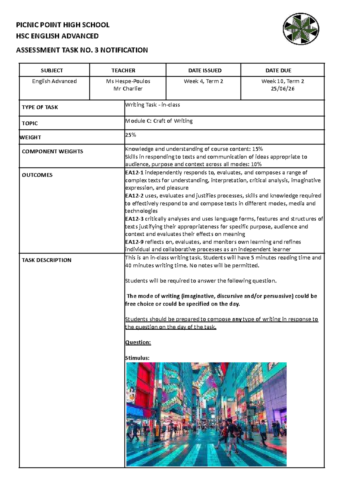 PICNIC POINT HIGH SCHOOL HSC ENGLISH ADVANCED TASK 3 NOTIFICATION 2026 ...