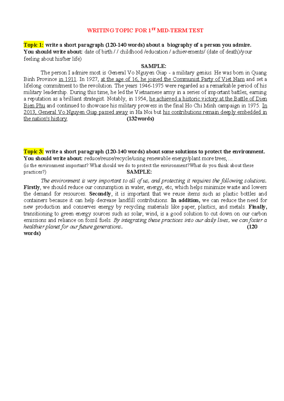 BAI VIET DEMO UNIT 1,3: Writing Topics for 1st Test - Studocu