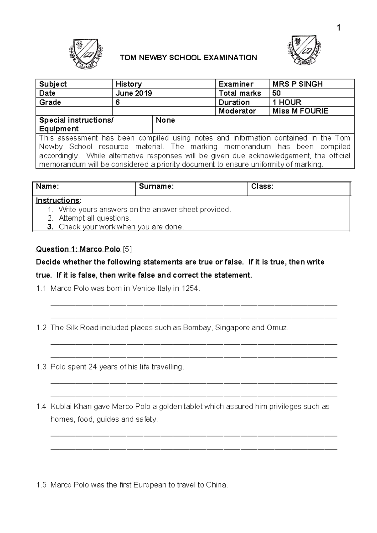 Grade 6 History June 2019 Exam Paper - GDE Approved - Studocu