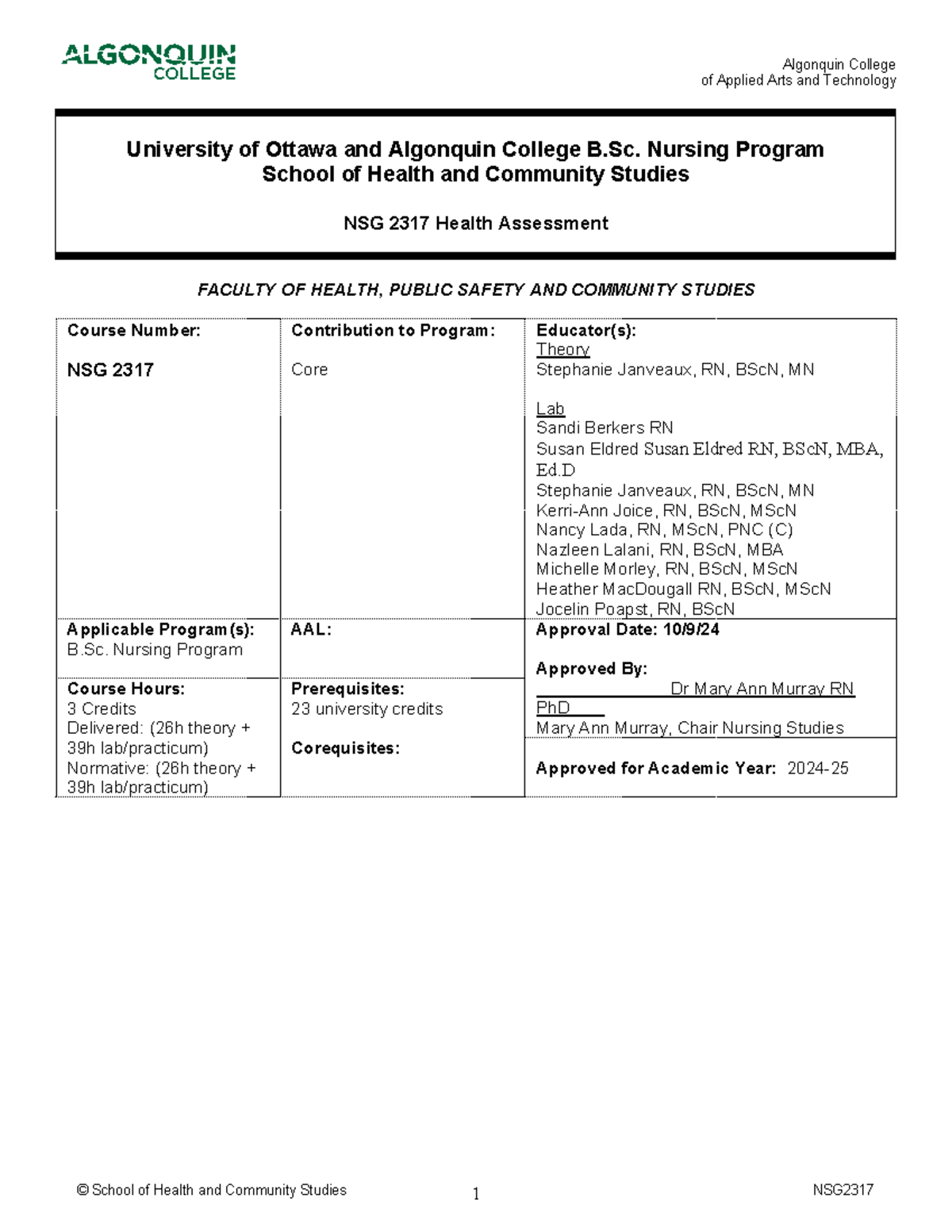 NSG2317 Health Assessment Course Syllabus - B. Nursing Program - Studocu