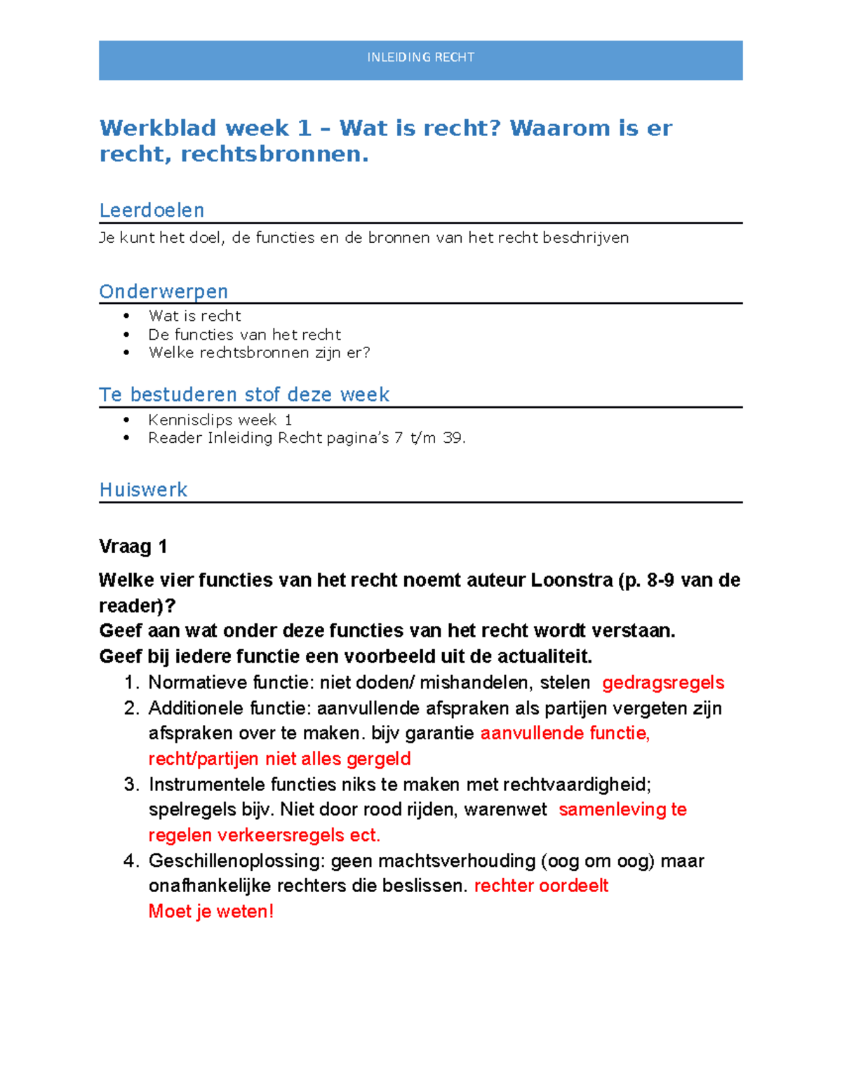 Week 1 werkblad inleiding recht - Werkblad week 1 – Wat is recht ...