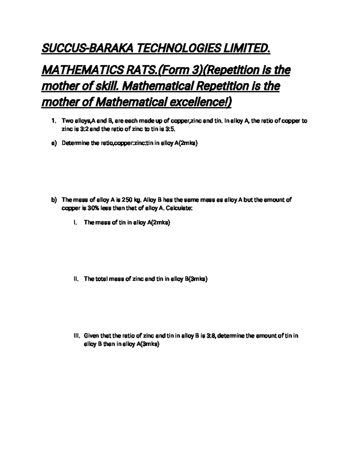 Mathematics RATS: Speed Test 2 (Form 3) - Alloy Ratios & Calculations ...