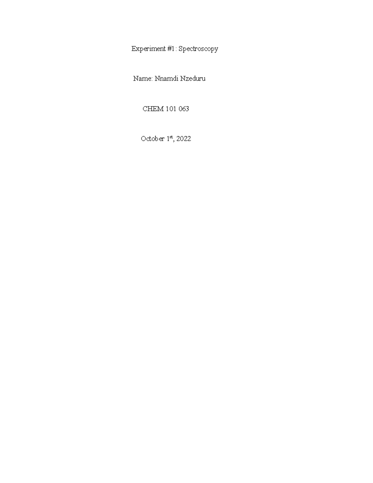 Spectroscopy Lab1 - The 1st lab for Chem - Experiment #1: Spectroscopy ...