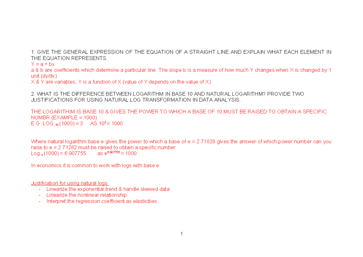 Tut chap 1 and 2 memo - 1. GIVE THE GENERAL EXPRESSION OF THE EQUATION ...