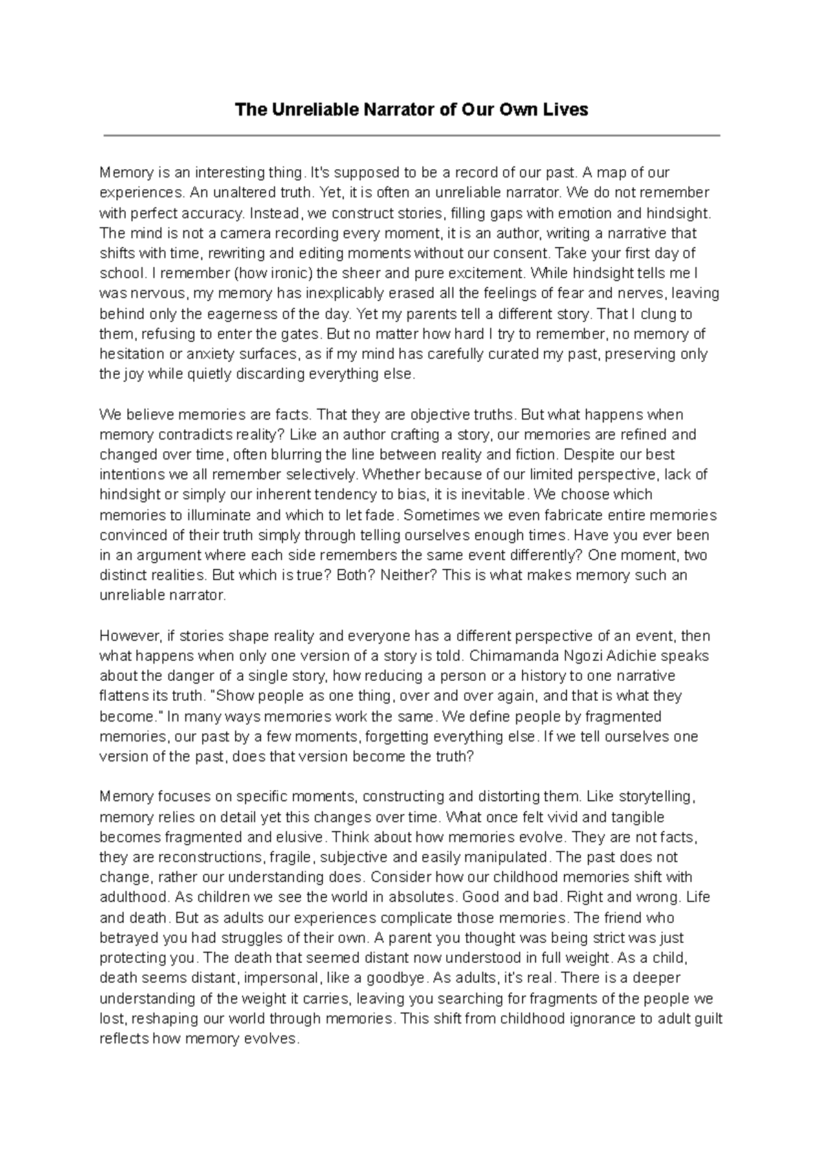 Module C Craft of Writing: The Unreliable Narrator of Memory - Studocu