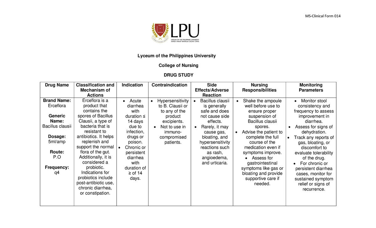 Erceflora (Bacillus clausii) Drug Study - Nursing Responsibilities ...