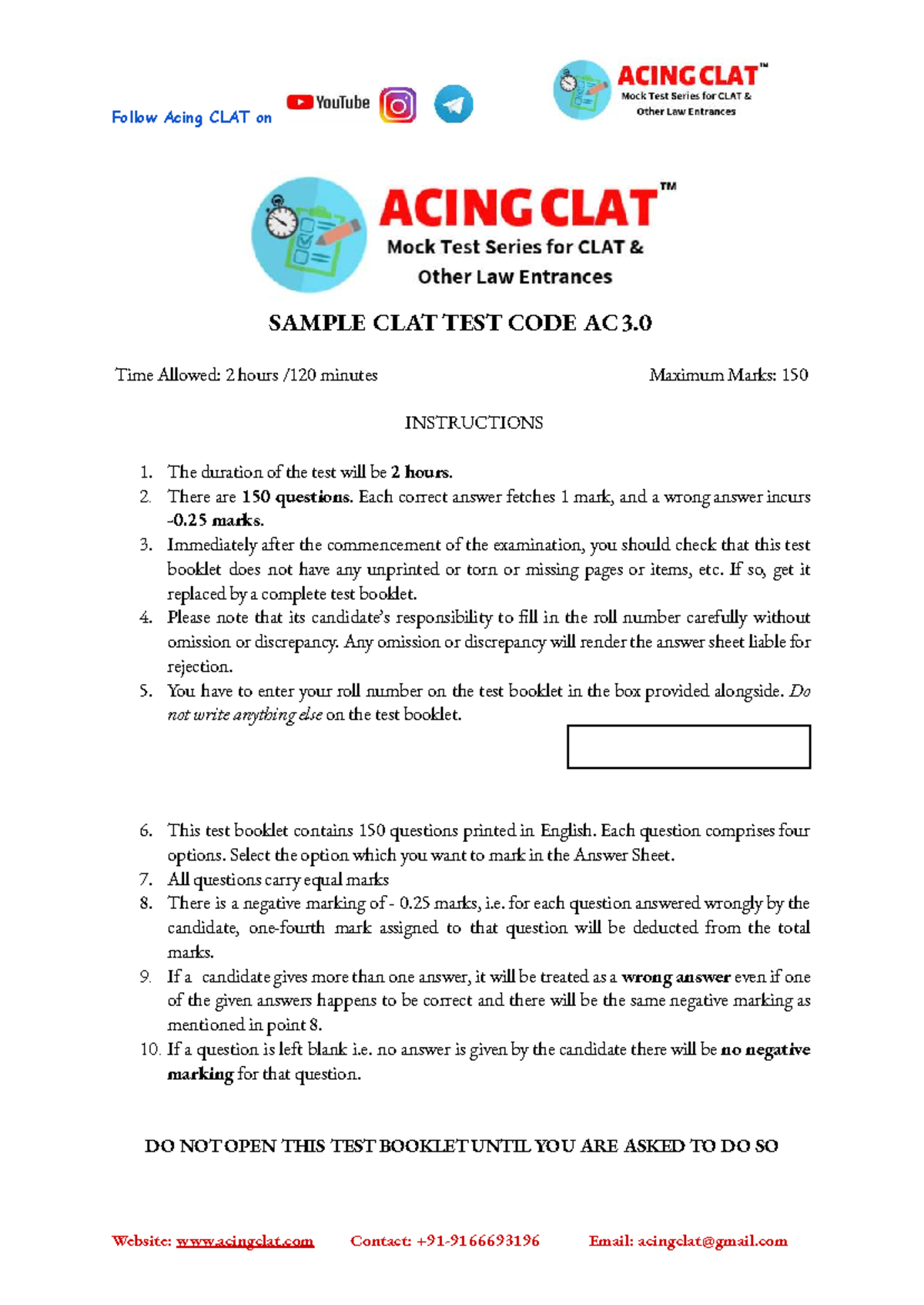 CLAT Sample Test Paper AC3.0: Instructions and Questions - Studocu