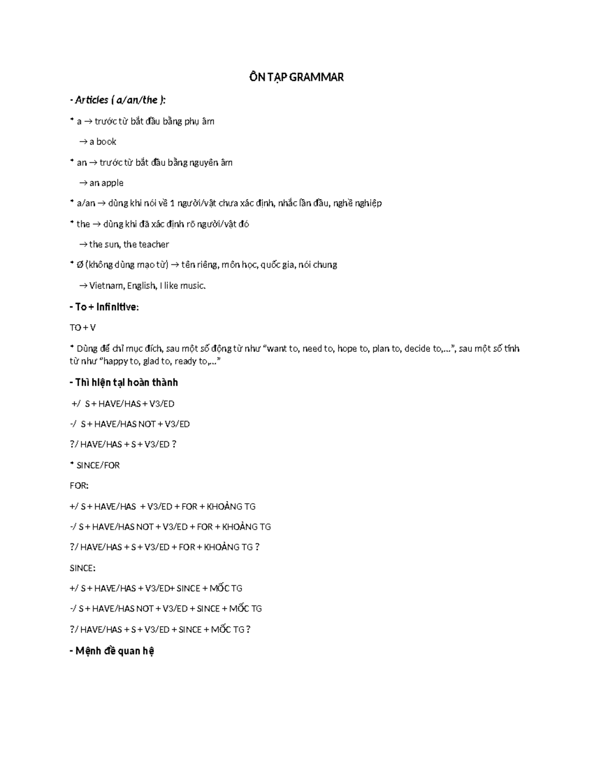 ÔN TẬP GRAMMAR: Articles, To Infinitive, and Tenses - Studocu