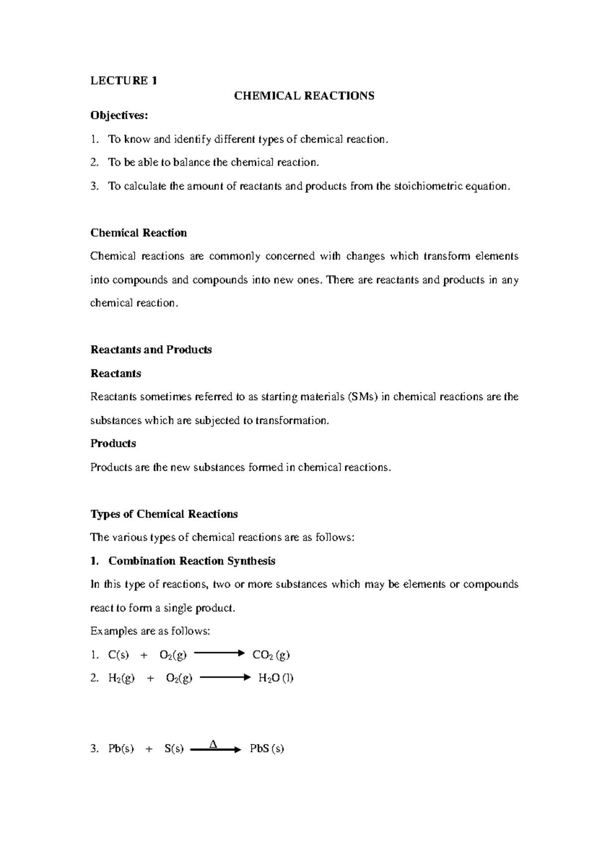 Lecture Notes on Chemical Reactions and Stoichiometry for CHEM101 - Studocu