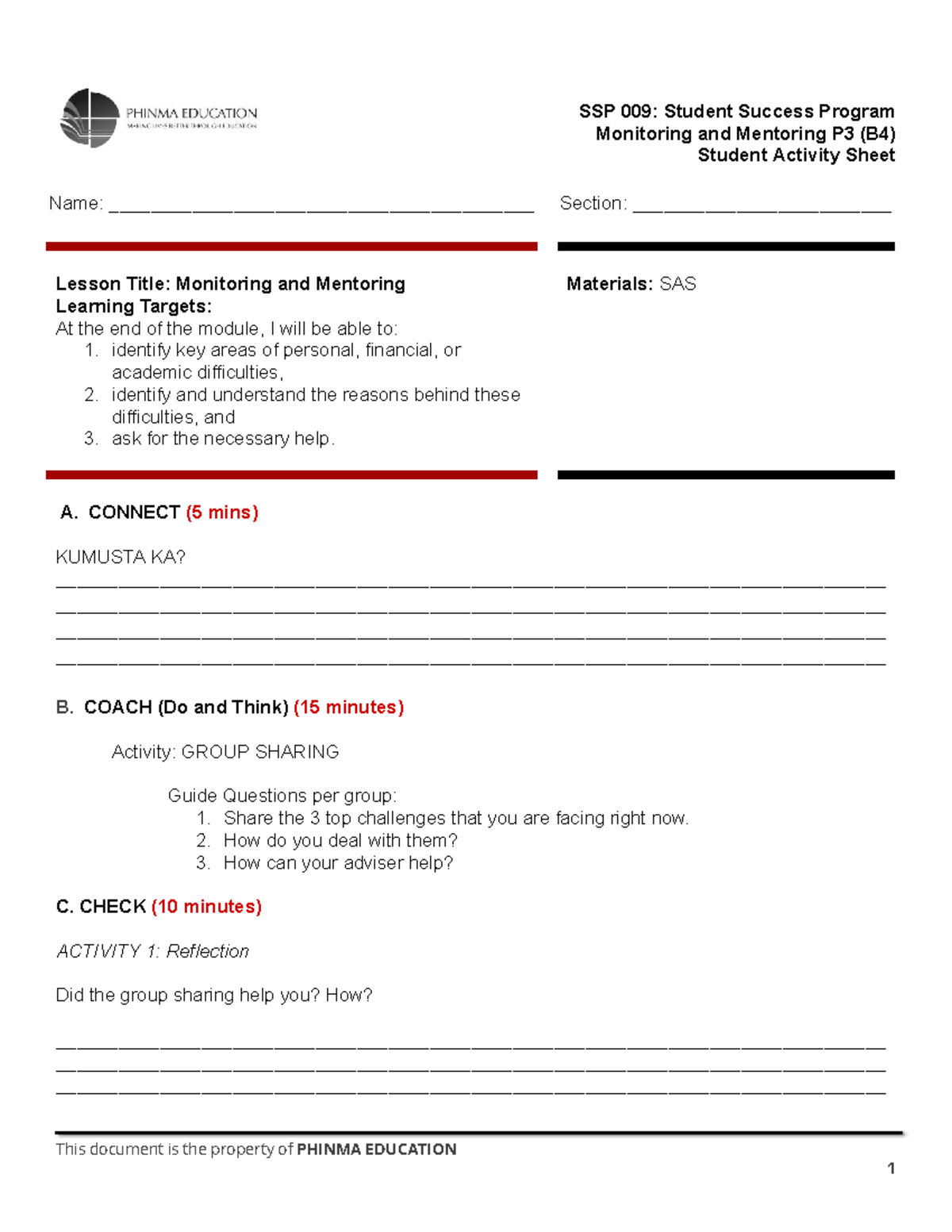 Monitoring & Mentoring P3 (B4) - SSP 009 Student Activity Sheet - Studocu