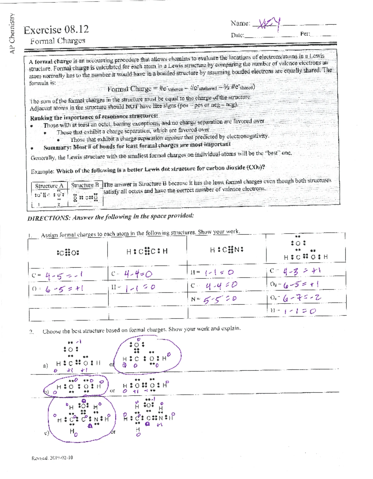 Formal Charges Worksheet-key - Key IB Chemistry 11 Worksheet ...