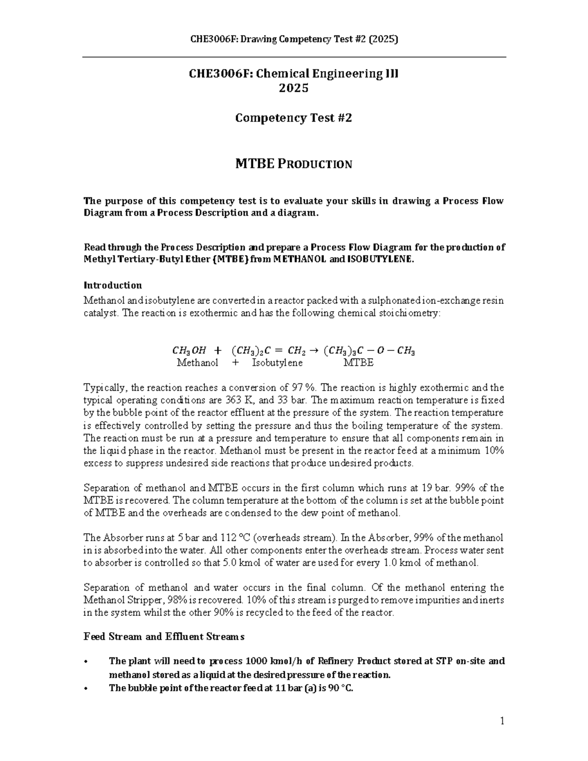 CHE3006F: MTBE Production Process Flow Diagram Competency Test - Studocu