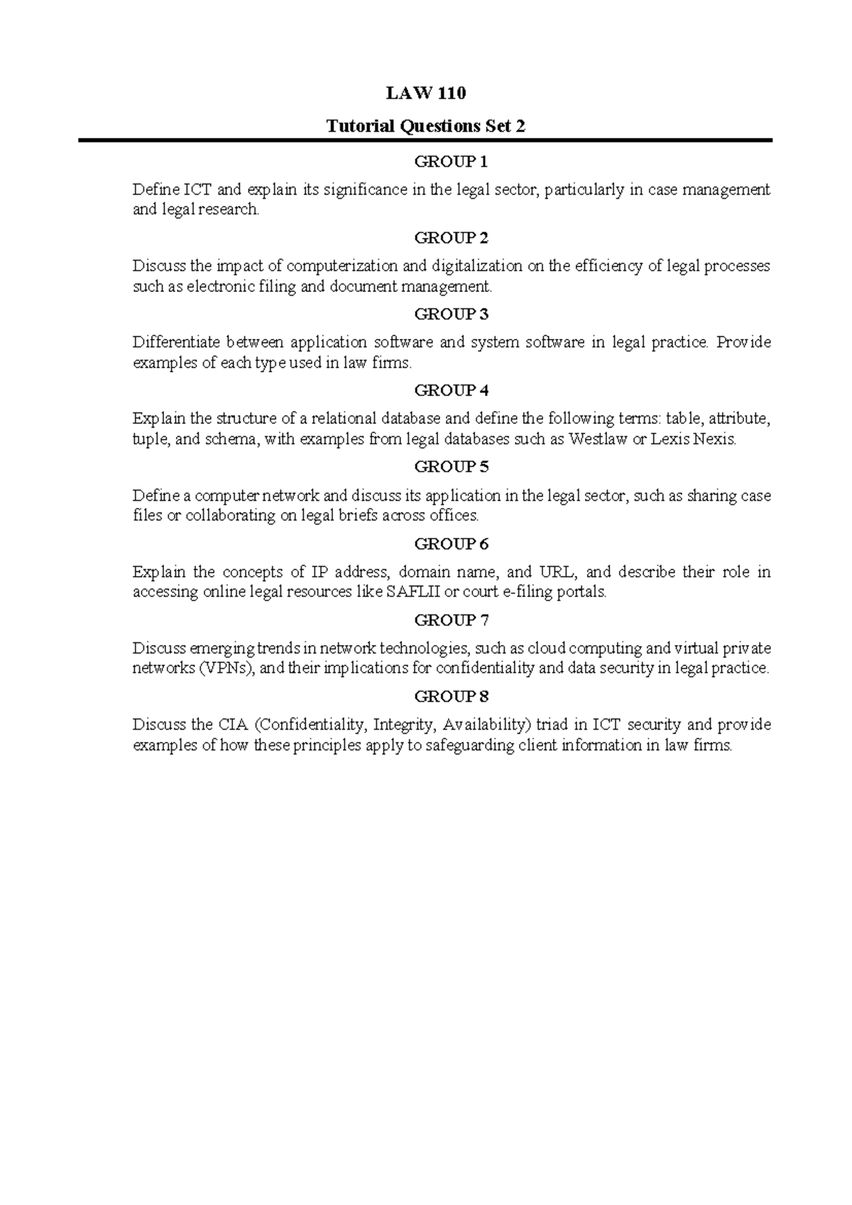 LAW 110 Tutorial Questions Set 2: ICT in Legal Practice and Security ...