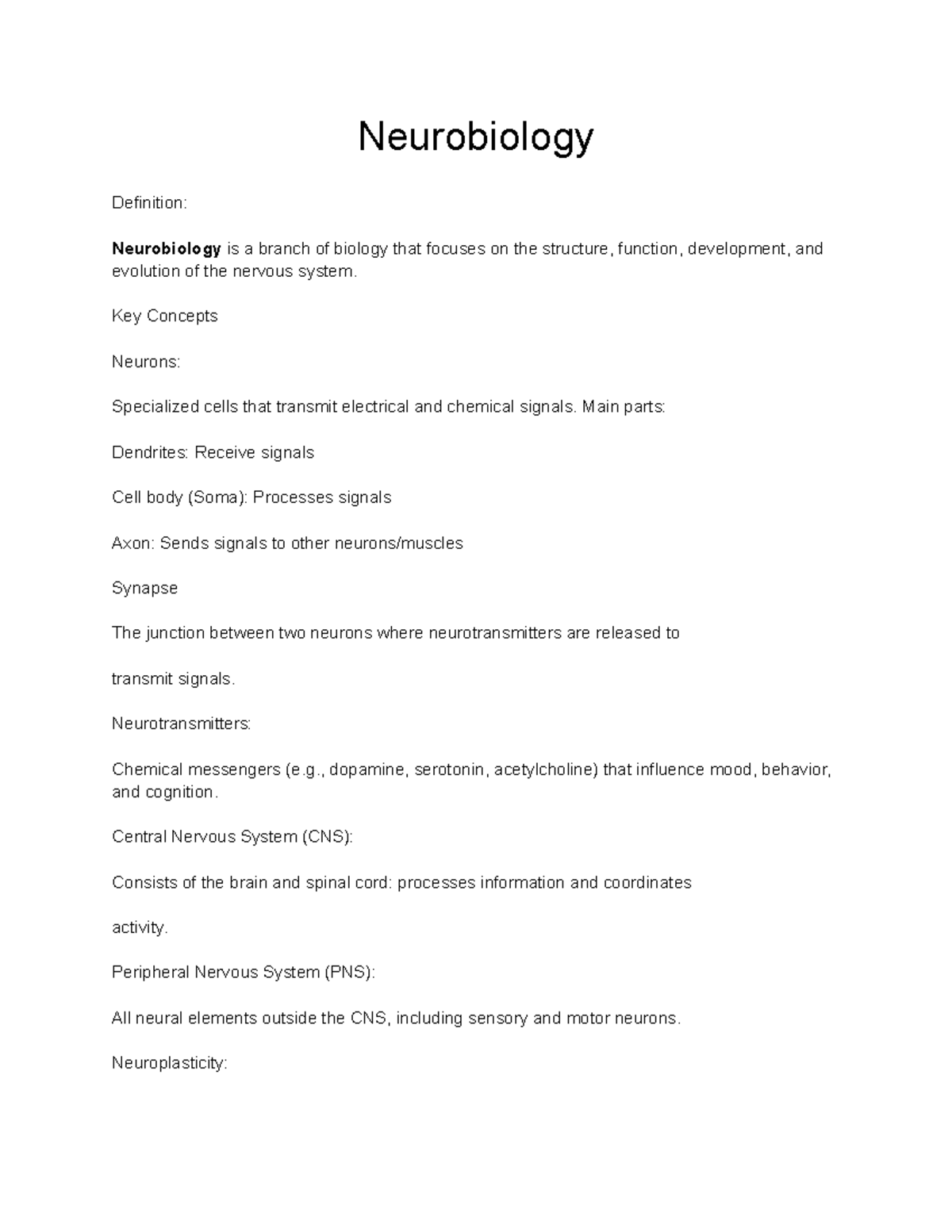 Neurobiology-1: Key Concepts and Definitions in Neurobiology - Studocu