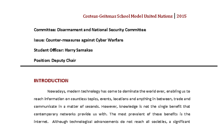 Cyber Warfare - Disarmament and National Security Committee 2015 - Studocu