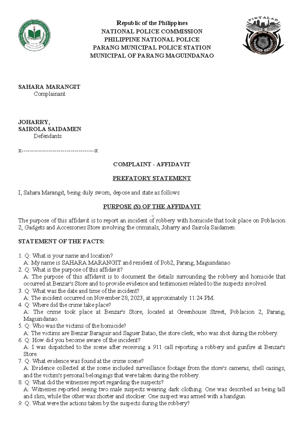 Judicial Affidavit of Complainant: Robbery with Homicide Case in Parang - Studocu
