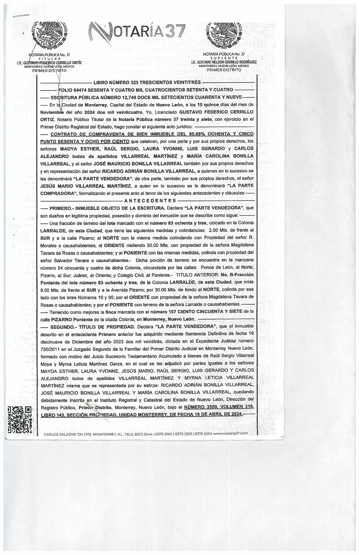 Escritura Pública No. 12,749 - Contrato de Compraventa Inmueble - Studocu