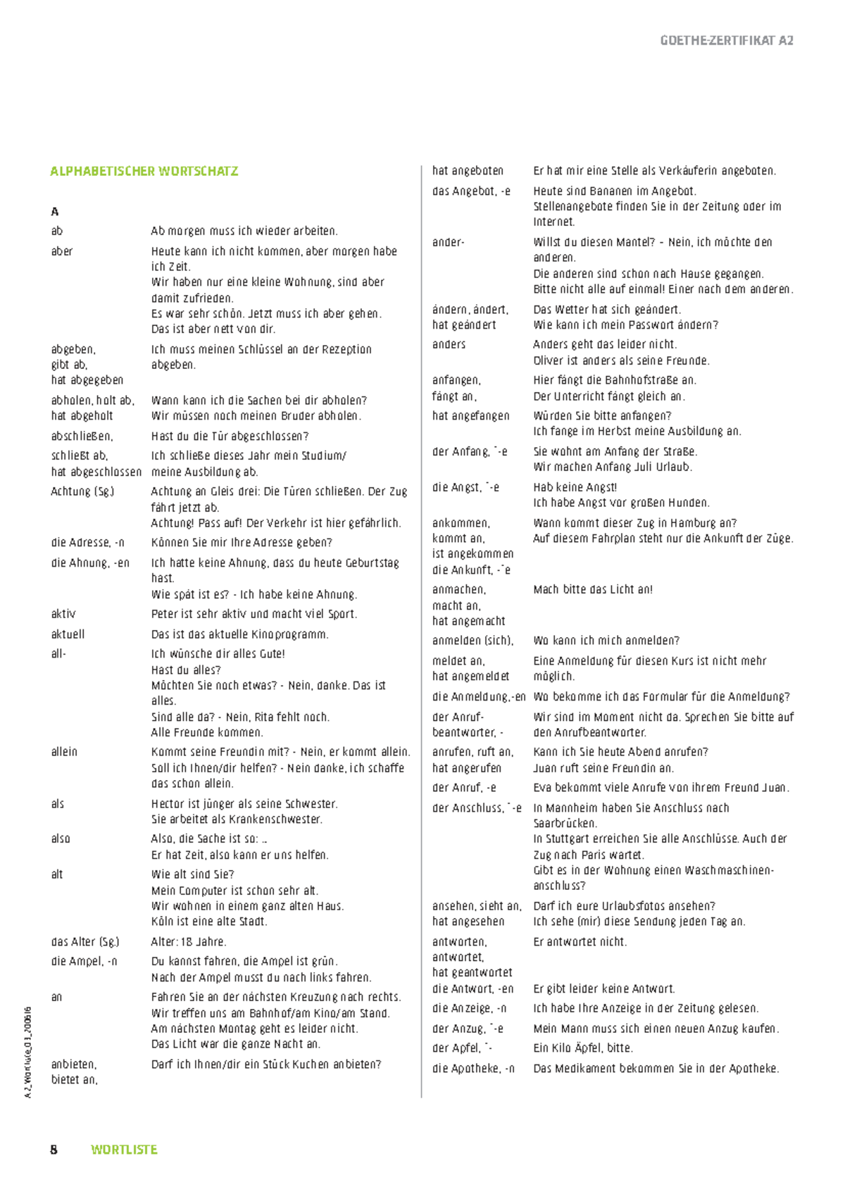 Goethe-Zertifikat A2: Wortliste 8 für Sprachprüfung - Studocu