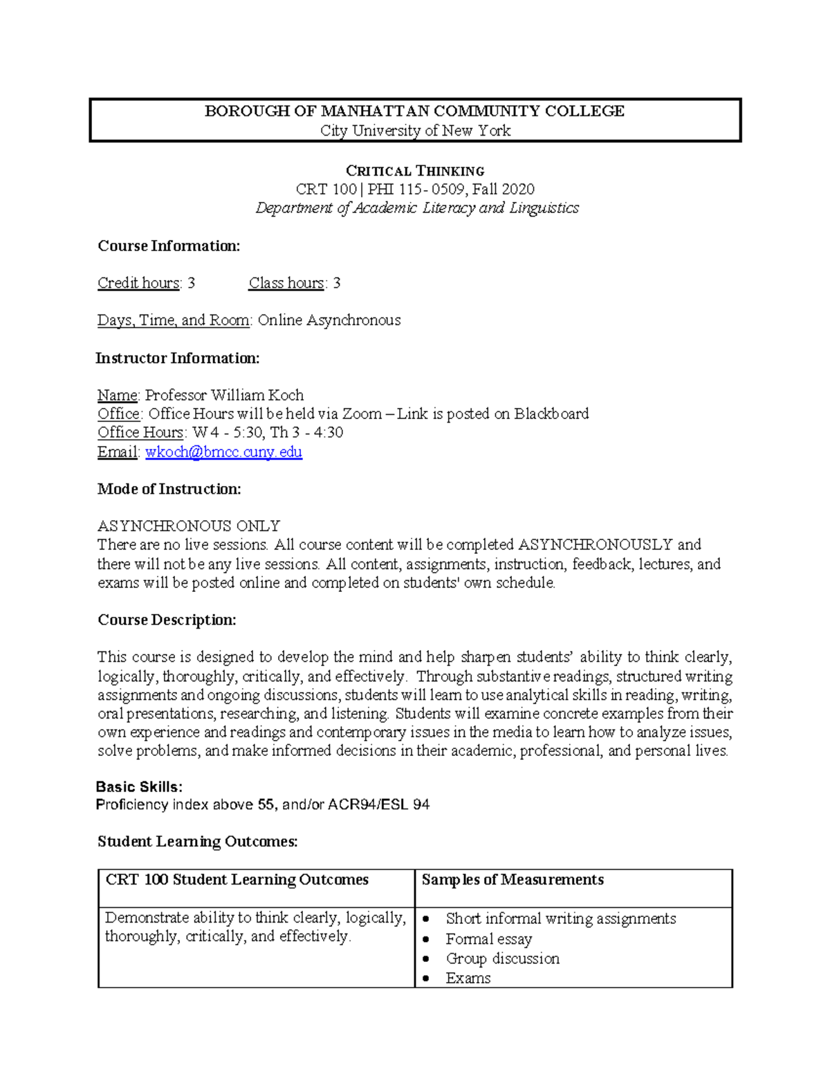 CRT 100 Course Syllabus - BOROUGH OF MANHATTAN COMMUNITY COLLEGE City ...