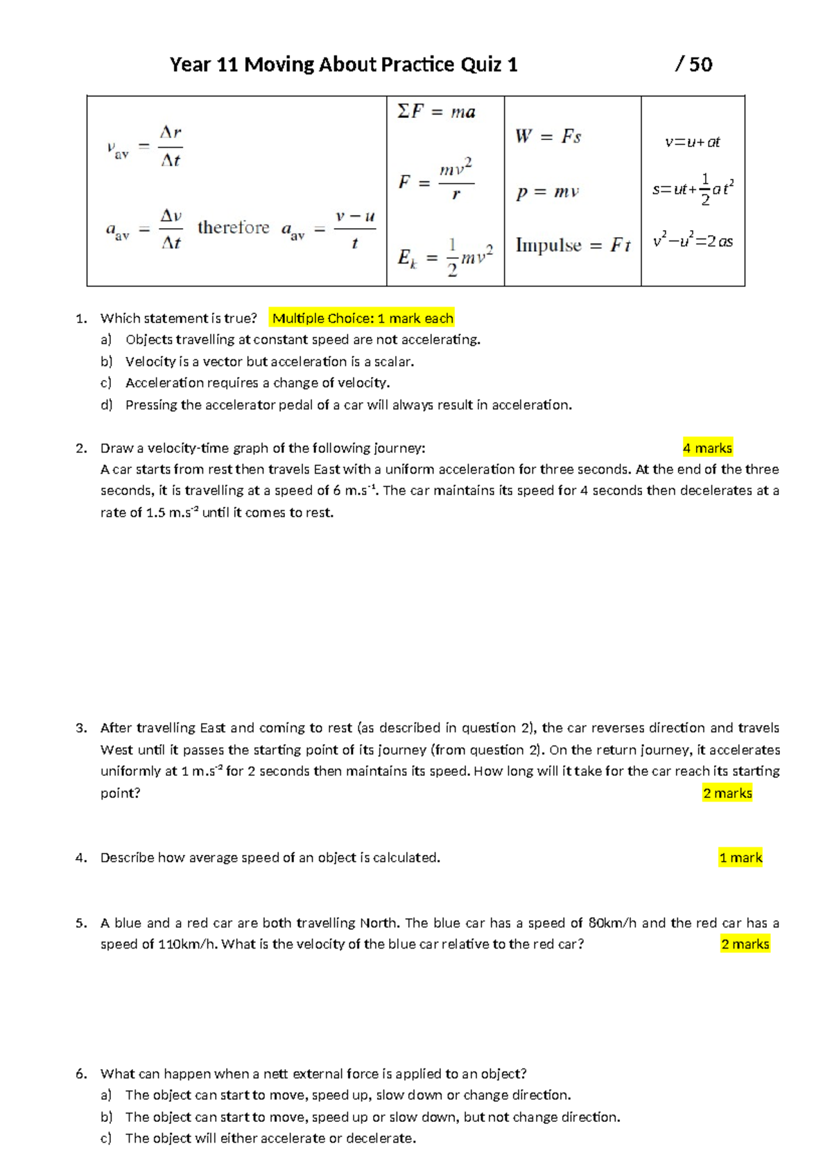 Year 11 Physics Practice Quiz 1: Motion Concepts and Questions - Studocu