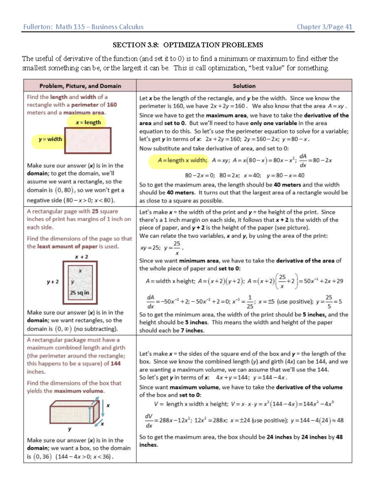 Math 135: Business Calculus 3.8 & 3.9 Notes on Optimization & Demand ...