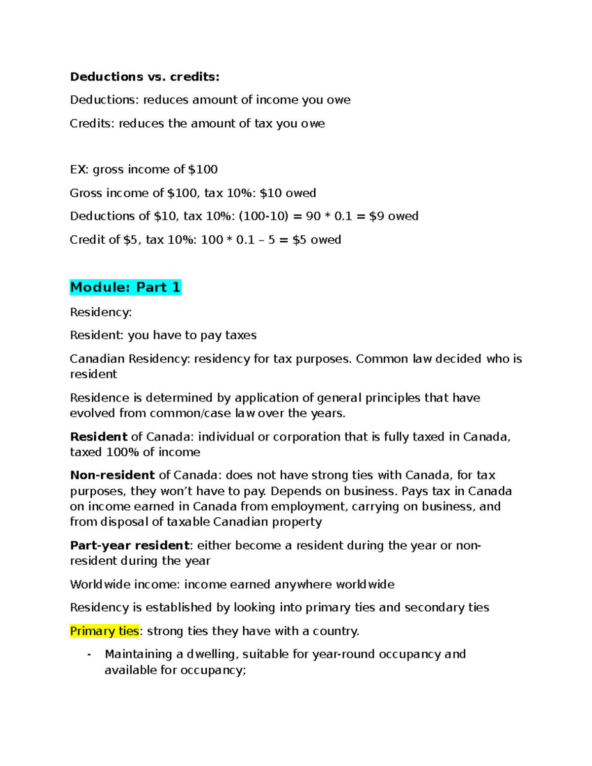 385 Fall Notes: Understanding Deductions, Credits, and Residency for ...