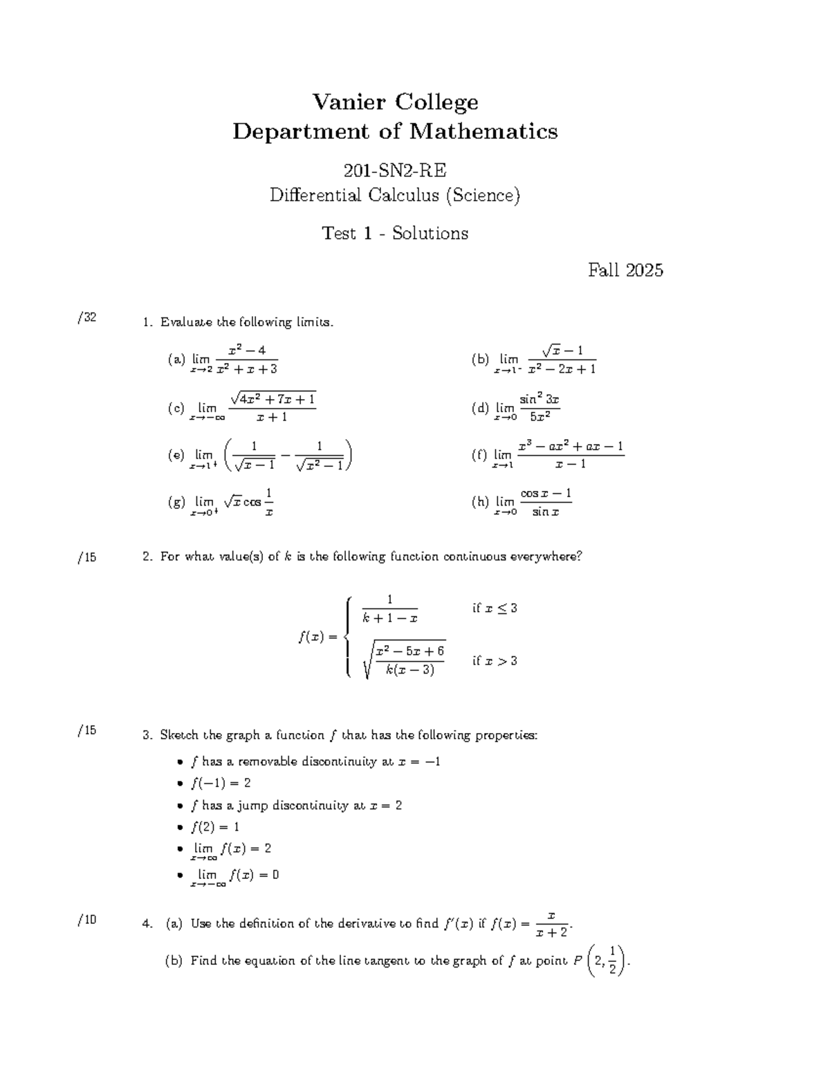 Test 1 201 SN2 RE A25 Differential Calculus Solutions Fall 2025 - Studocu