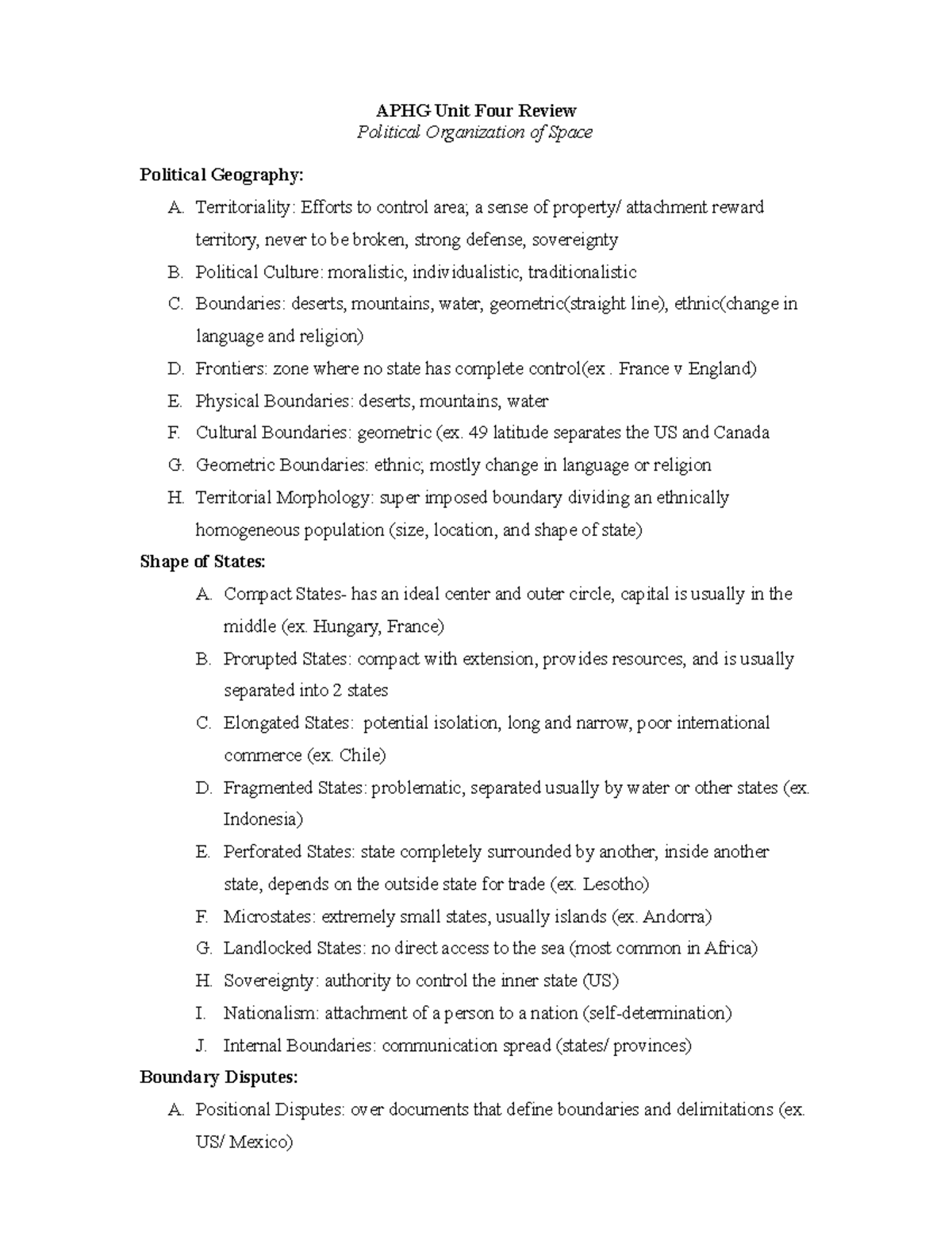 APHG Unit 4 Study Guide: Political Organization of Space - Studocu
