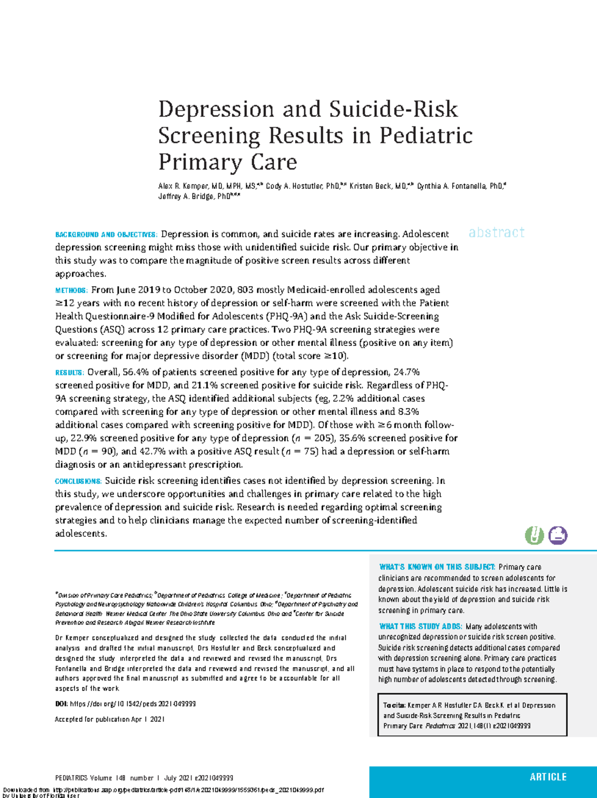 Depression screening results in pediatric primary care: A study ...