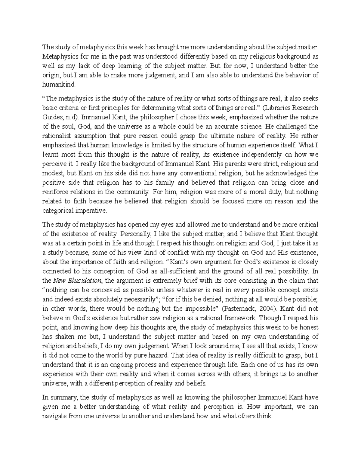 Learning Journal Unit 2: Insights on Metaphysics and Kant's Philosophy ...