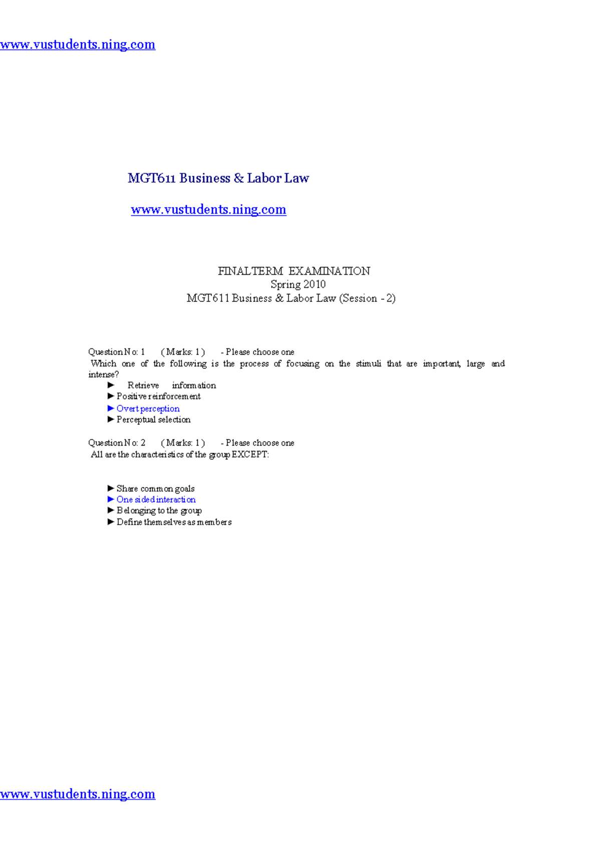 MGT611 Business Labor Law Final Exam MCQs Compilation Spring 2010 - Studocu