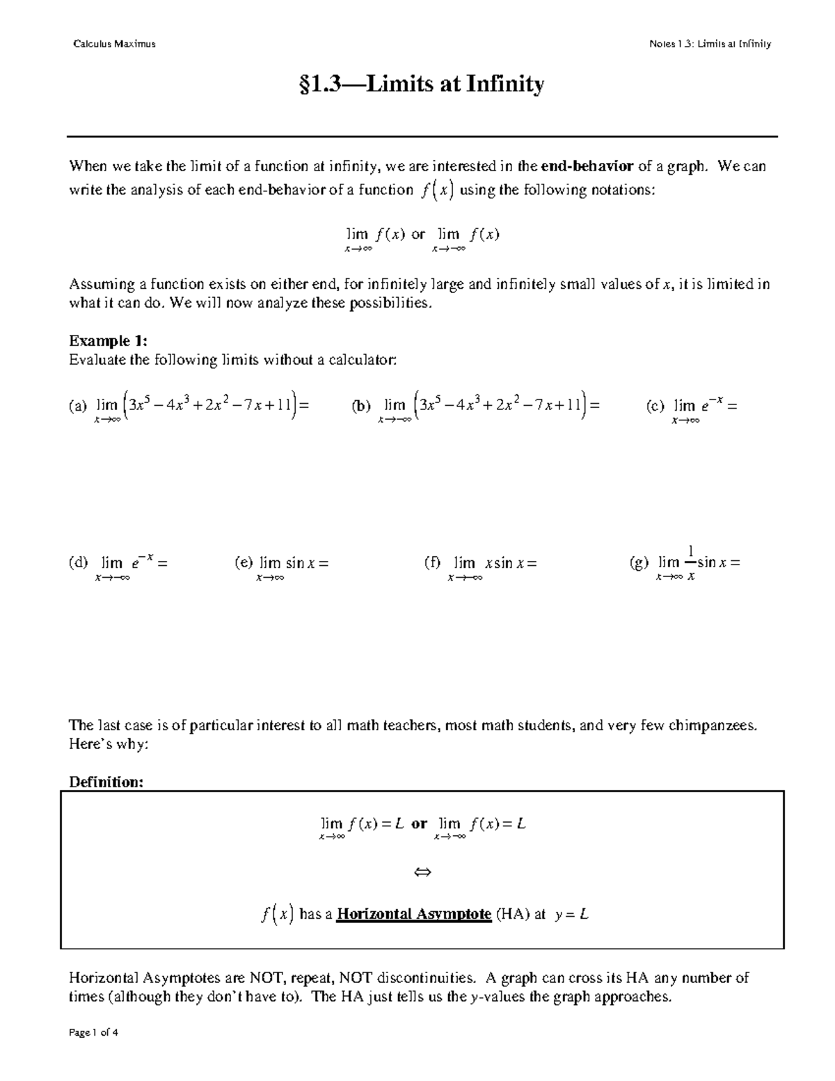 Calculus Maximus Notes 01.3: Analyzing Limits at Infinity - Studocu