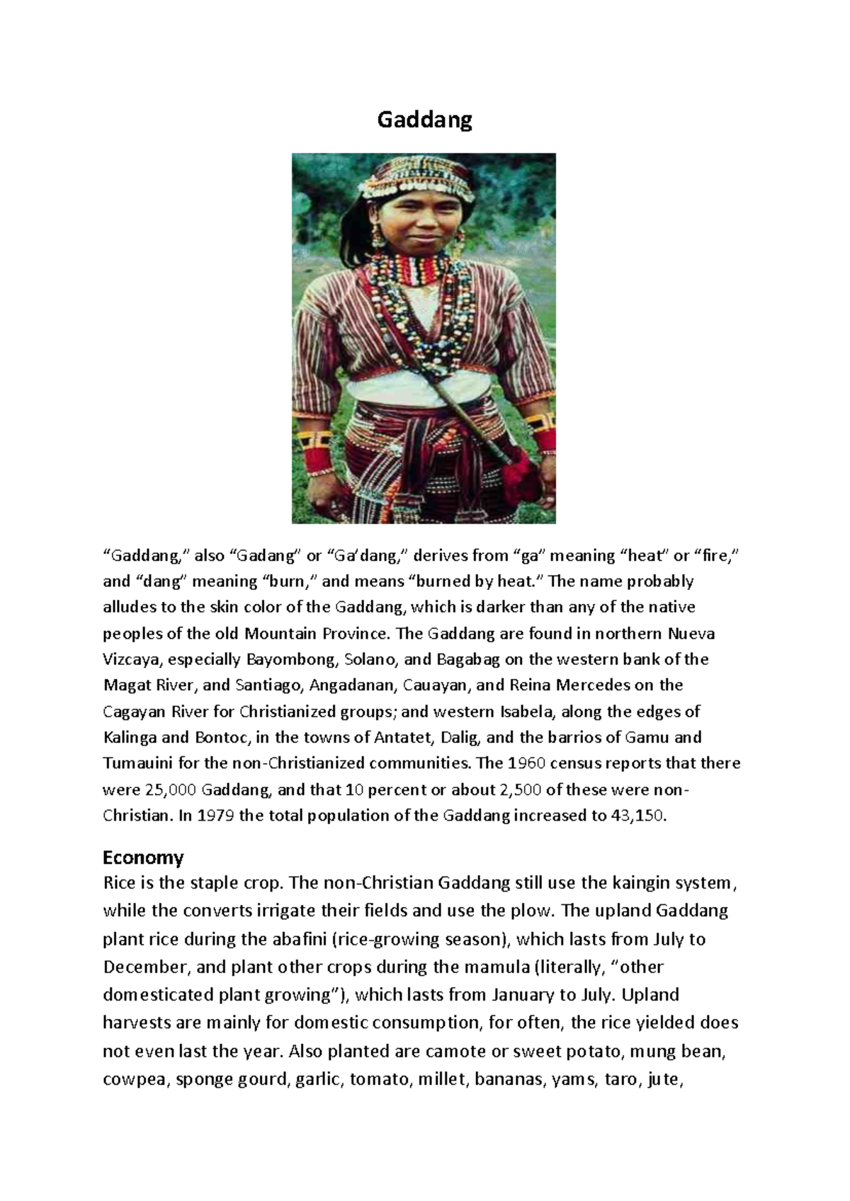 Gaddang Tribe: Culture, Economy, and Social Organization Insights - Studocu