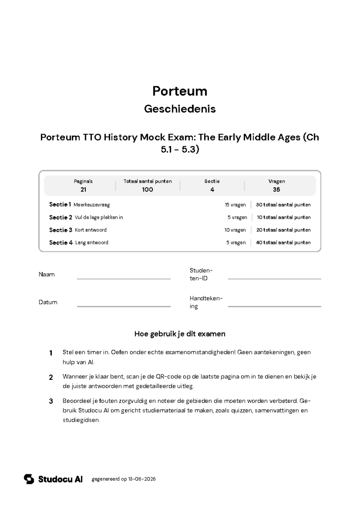 Porteum TTO History Mock Exam: Early Middle Ages - Studeersnel