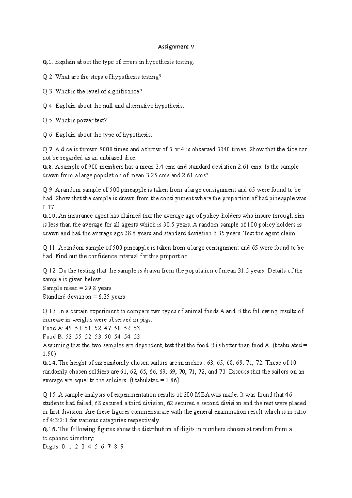 Assignment V - statistics - Assignment V Q. Explain about the type of errors in hypothesis ...